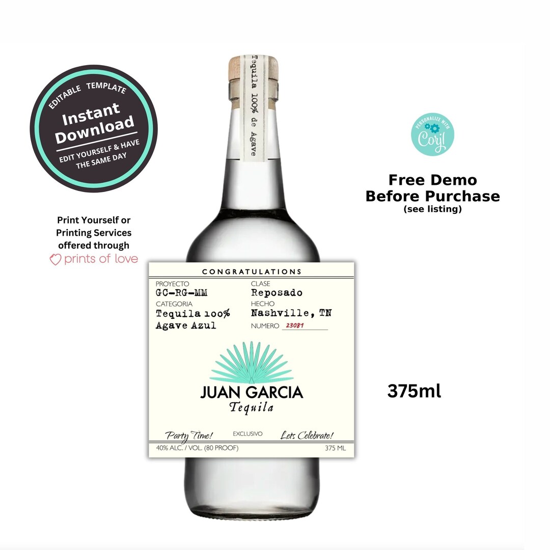 Custom Blanco Tequila 375ml Bottle Labels Template Printable ...
