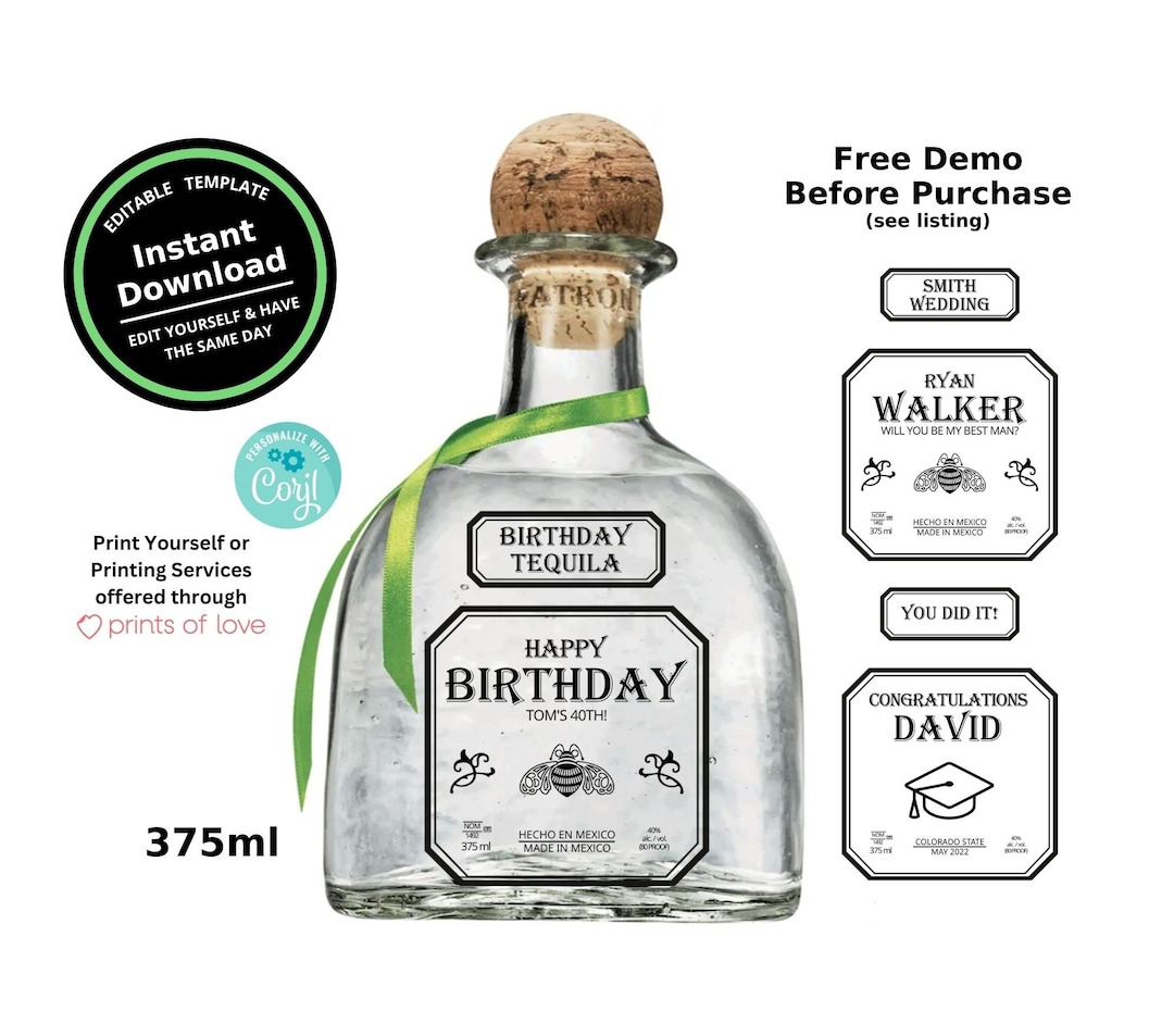Custom Tequila 375ml Bottle Label Template Printable | Customize for ...
