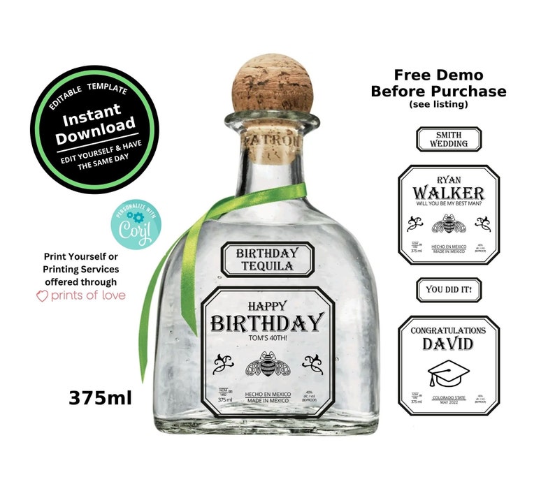 Custom Tequila 375ml Bottle Label Template Printable Customize for Any ...