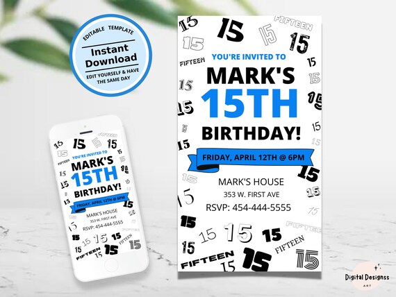 15th Birthday Party Invitation Template Any Age Any Color | Etsy