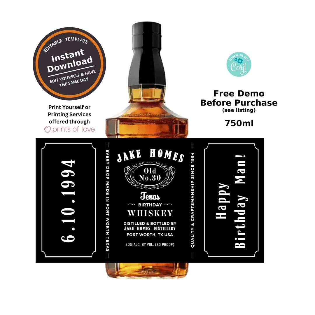 Personalized Custom Whiskey 750ml Bottle Labels Template Printable ...