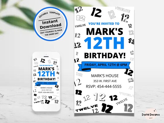 12th Birthday Party Invitation Template Any Age Any Color - Etsy