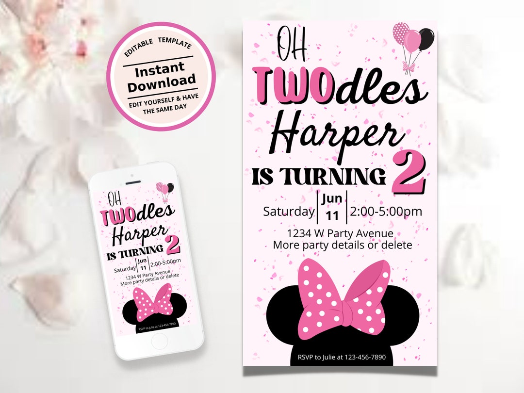 2nd Birthday Digital Invitation, Girl's Second Birthday Party, Pink ...