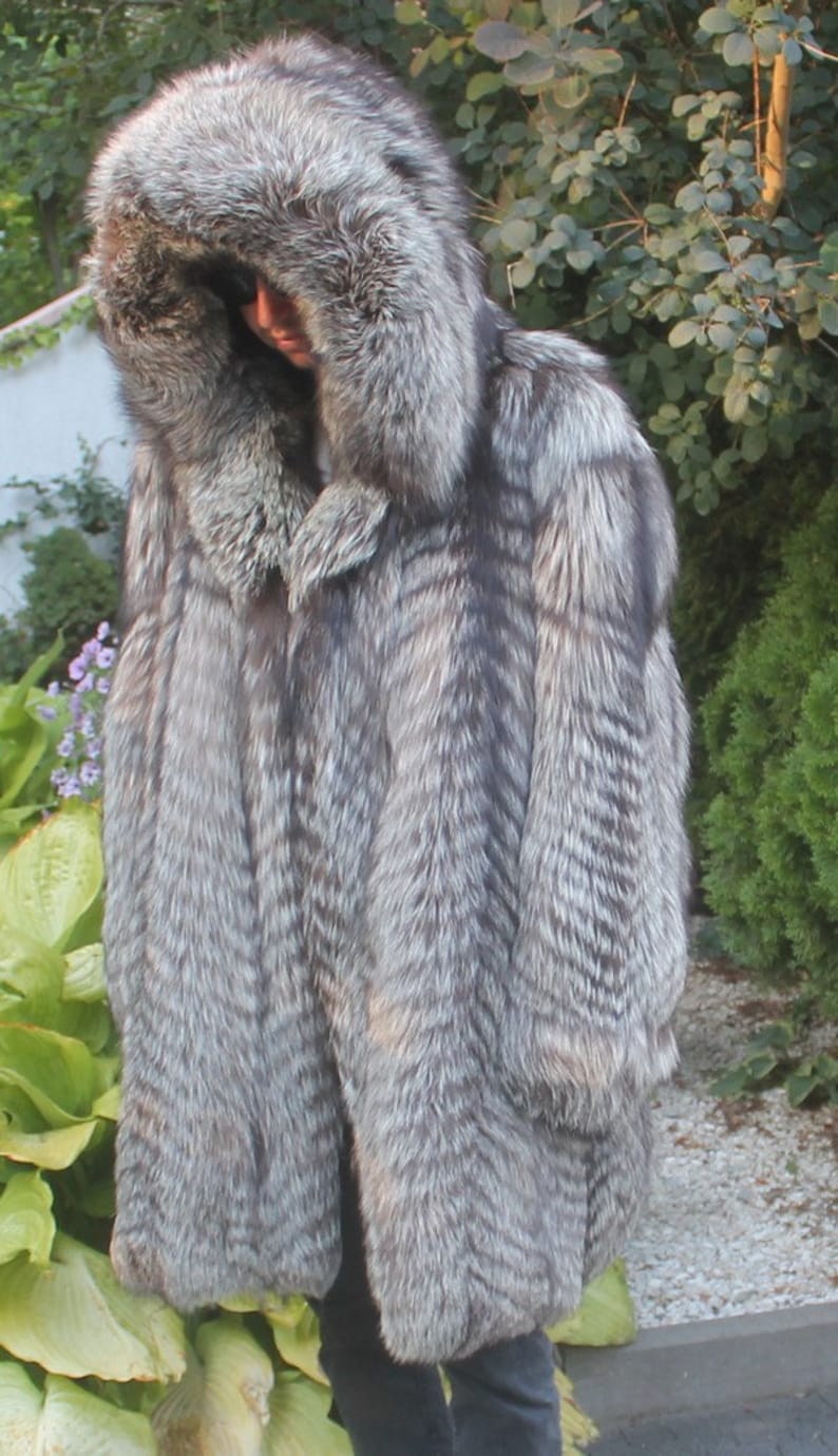 Men's 100% Ranch American Silver Fox Fur Jacket With Hood Coat Outwear ...