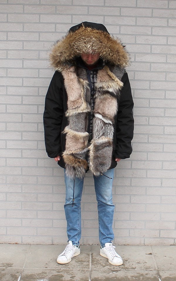 100% Real Silver Fox Fur Jacket With Hood Parka Outwear Fashion XL/2XL ...