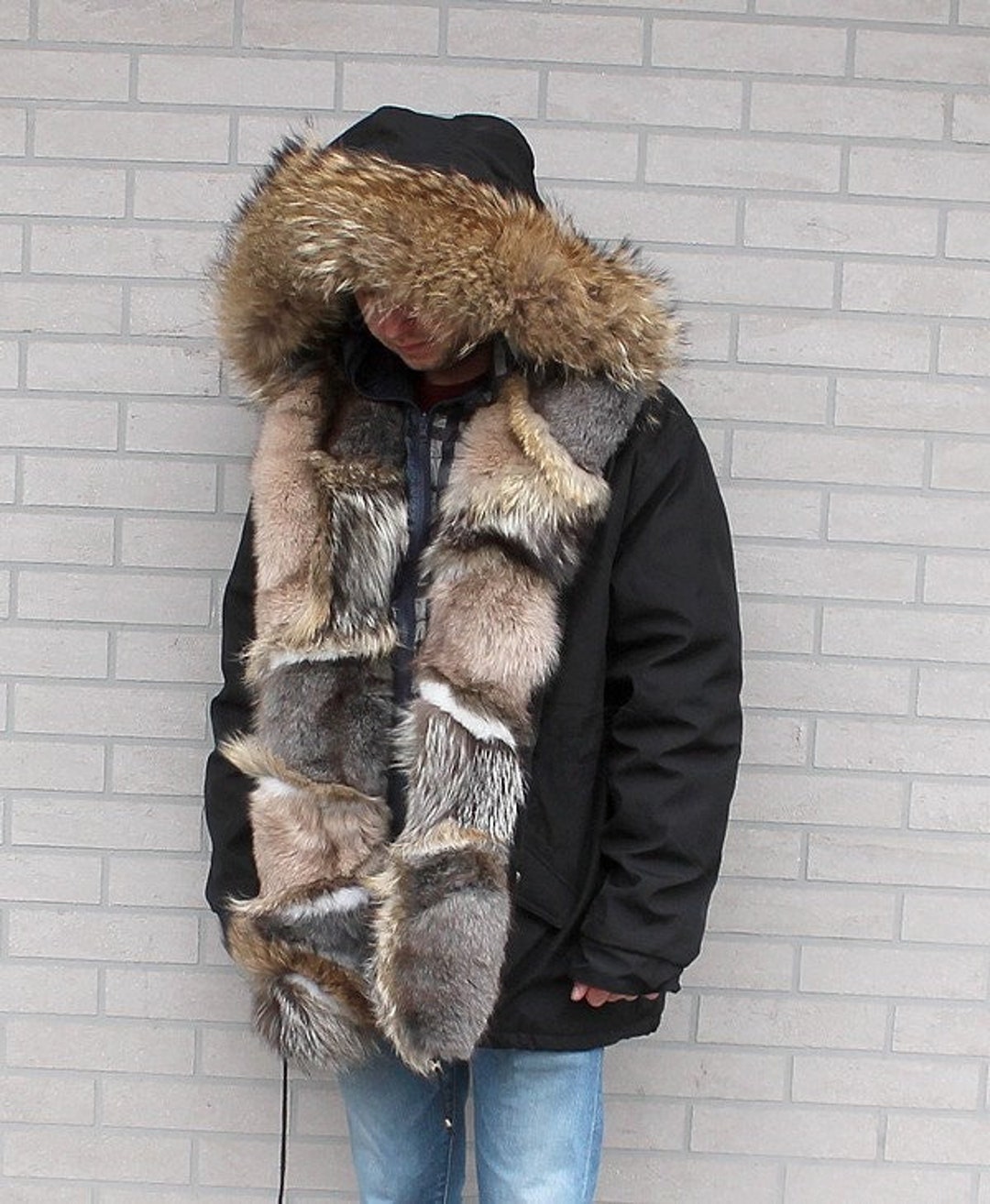 100% Real Silver Fox Fur Jacket With Hood Parka Outwear Fashion XL/2XL ...