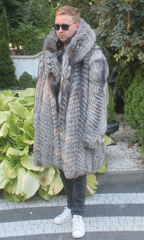 Men's 100% Ranch American Silver Fox Fur Jacket With Hood Coat Outwear ...