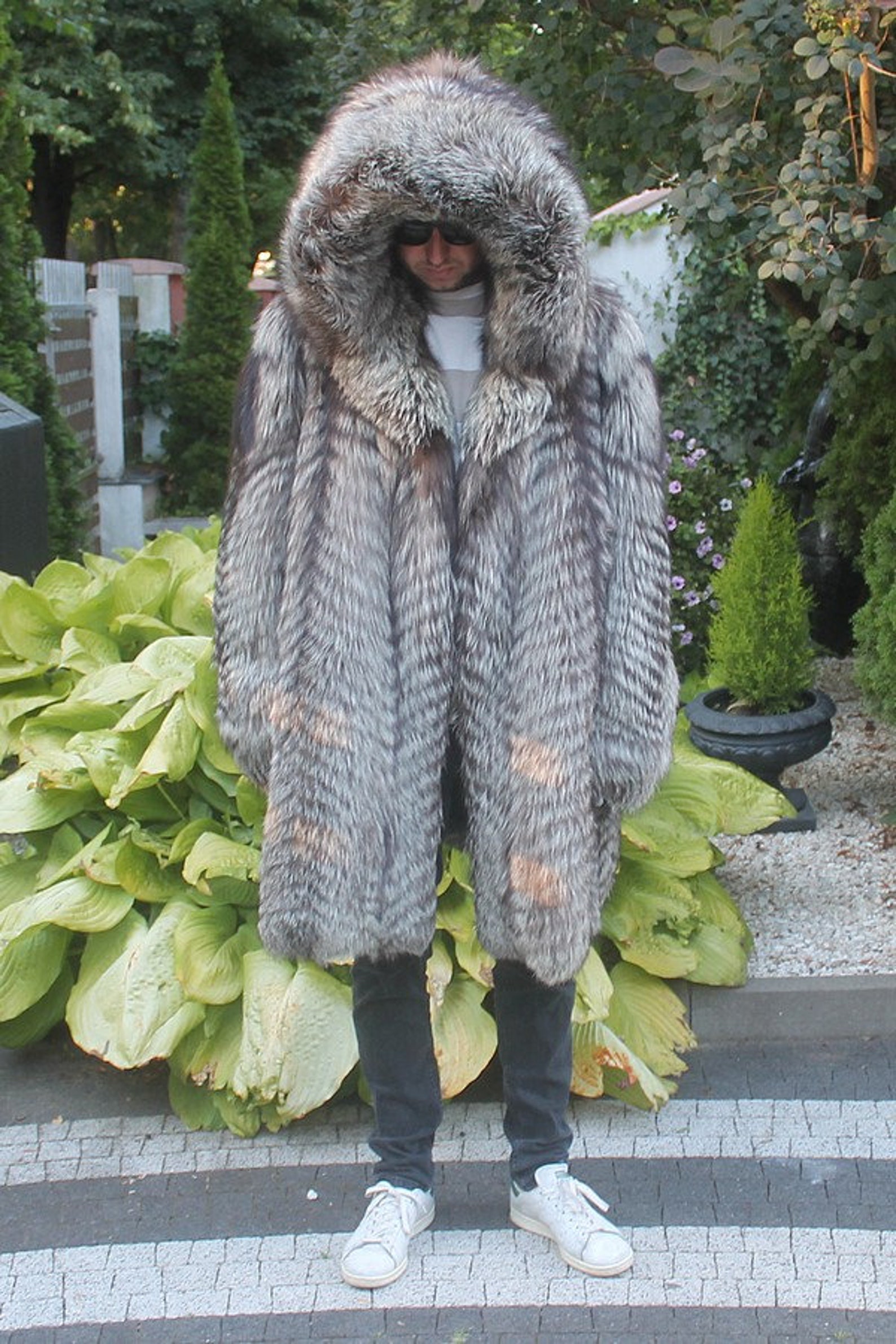 Men's 100% Ranch American Silver Fox Fur Jacket With Hood Coat Outwear ...