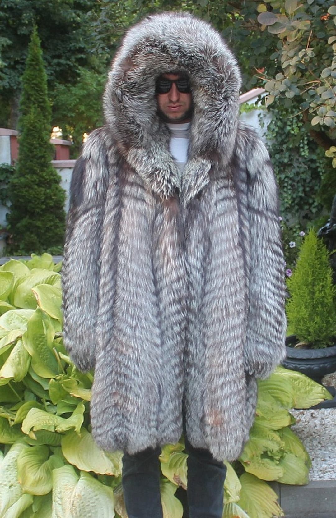 Men's 100% Ranch American Silver Fox Fur Jacket With Hood Coat Outwear ...