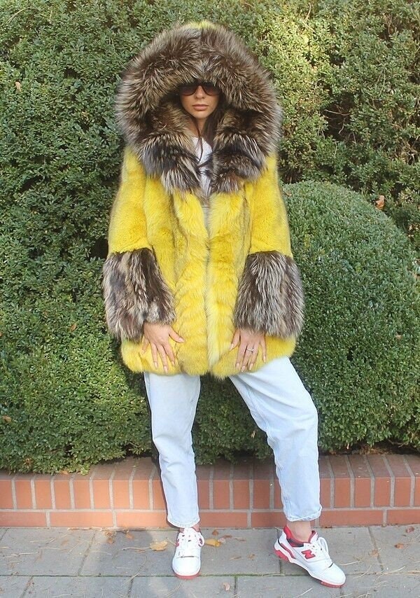 100% Real Blue Fox Fur Jacket With Hood Coat Outwear Clothing Fashion ...