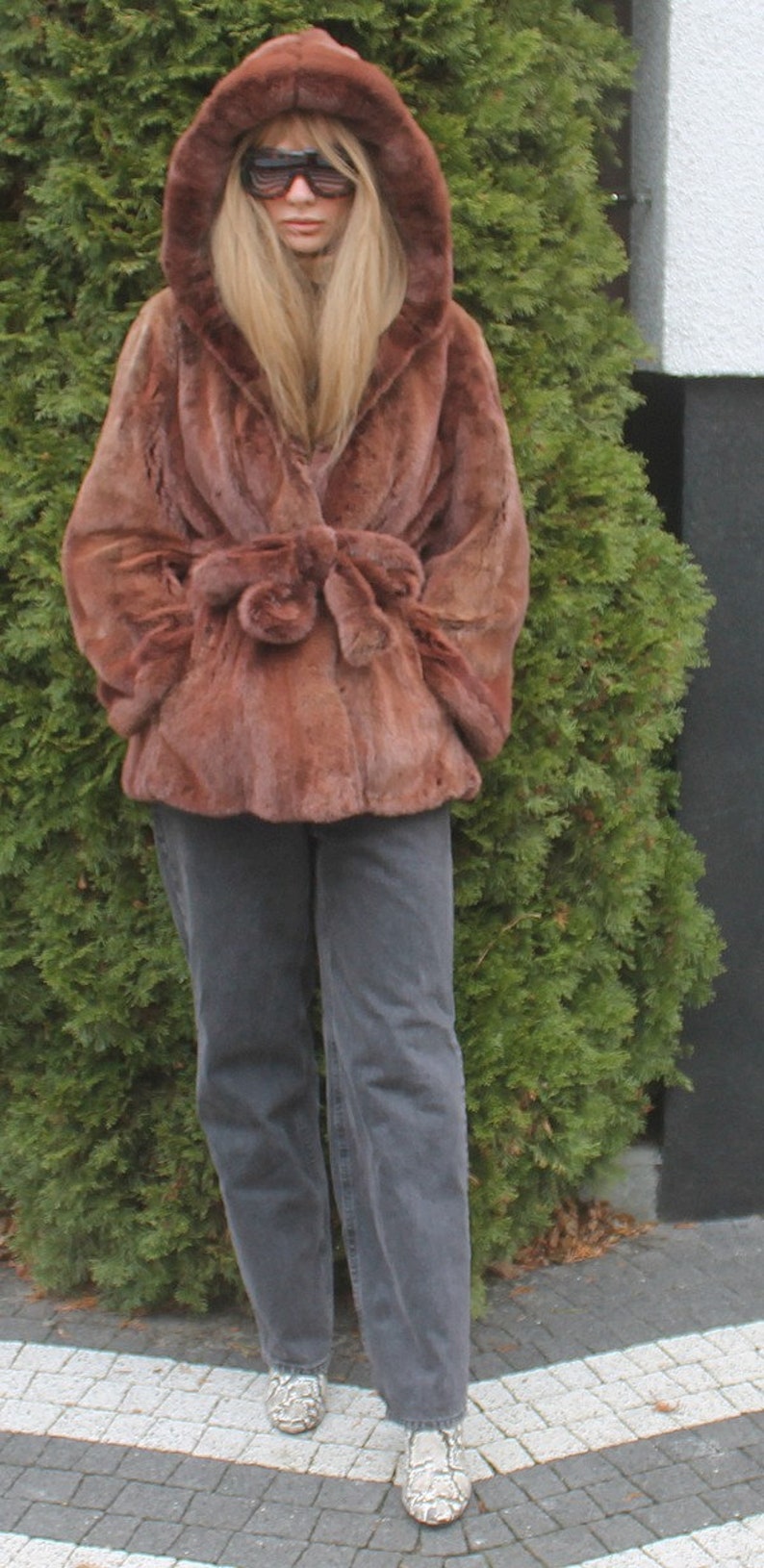 100% Real Ranch Mink Fur Coat With a Hood Clothing Fashion Trench L/XL ...