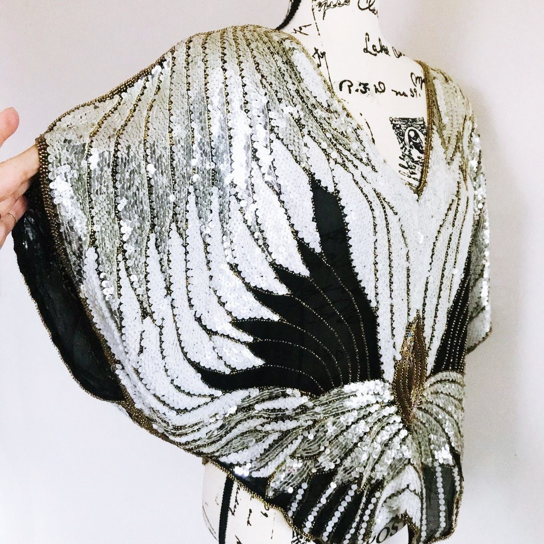 Vintage 70's Shomax Butterfly Batwing Festival Silver Sequin Beaded ...