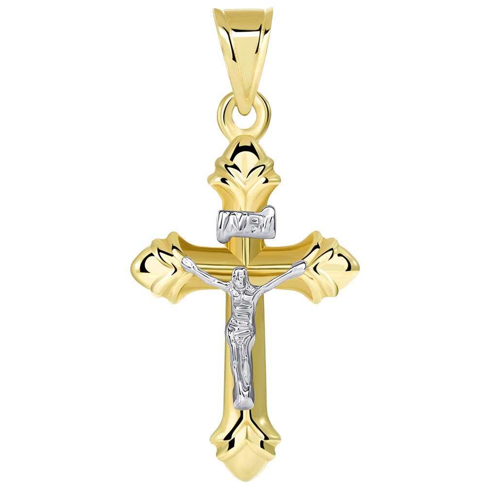 14k Yellow Gold INRI Fleur-de-lis Two Tone Crucifix Cross - Etsy