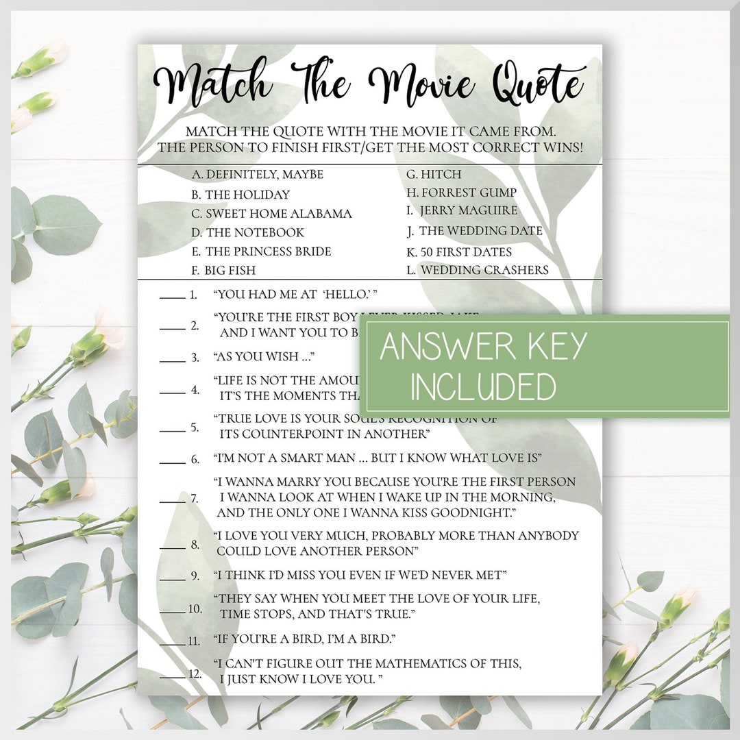 Match the Movie Quote, Bridal Shower Game, Green Leaves - Etsy