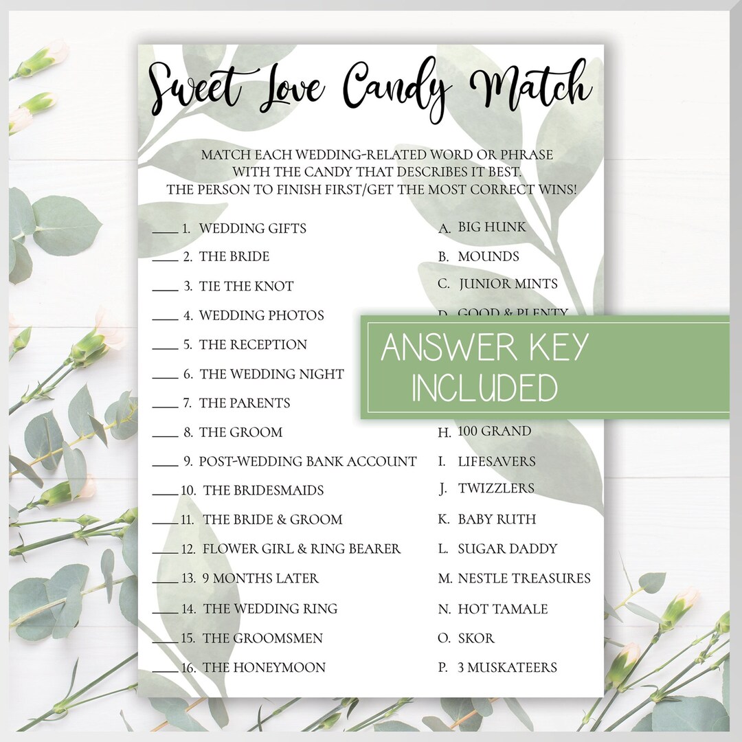Sweet Love Candy Match, Bridal Shower Game, Green Leaves - Etsy