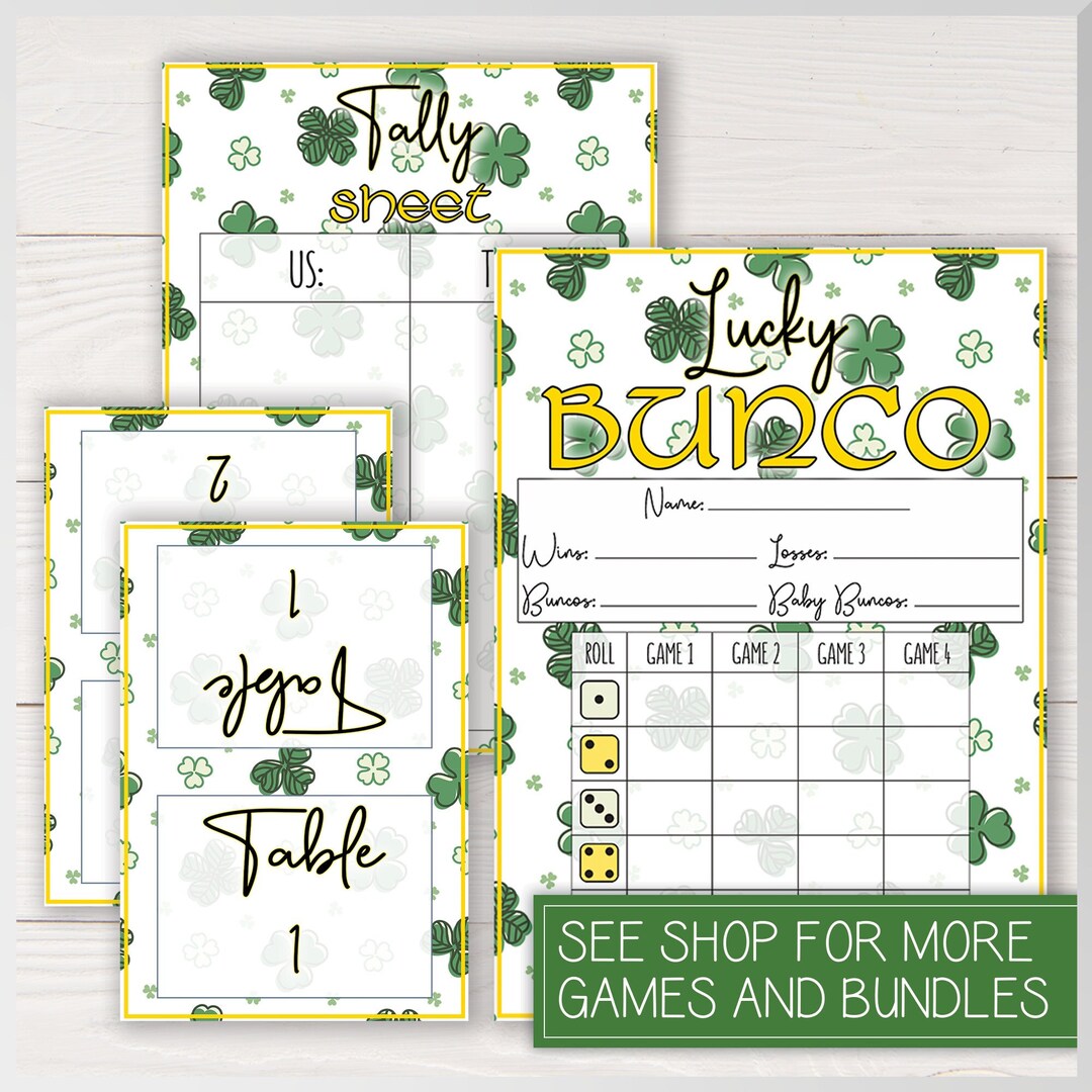 Lucky Bunco Score Card, Tally Sheet & 8 Table Cards, Green and Gold ...