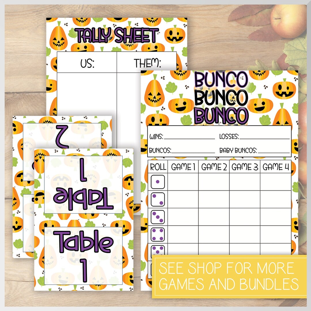 Halloween Themed Bunco Score Card, Tally Sheet & 8 Table Cards, October ...