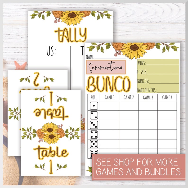 Sunflower Summertime Bunco Score Card, Tally Sheet + 8 Table Cards - Etsy