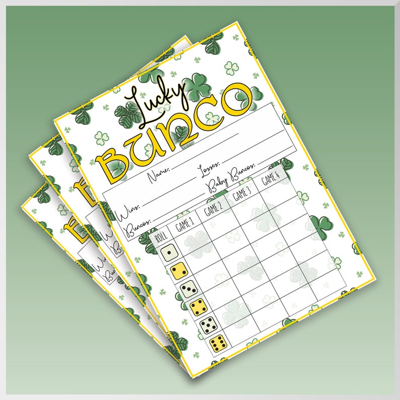 Lucky Bunco Score Card, Tally Sheet & 8 Table Cards, Green and Gold ...