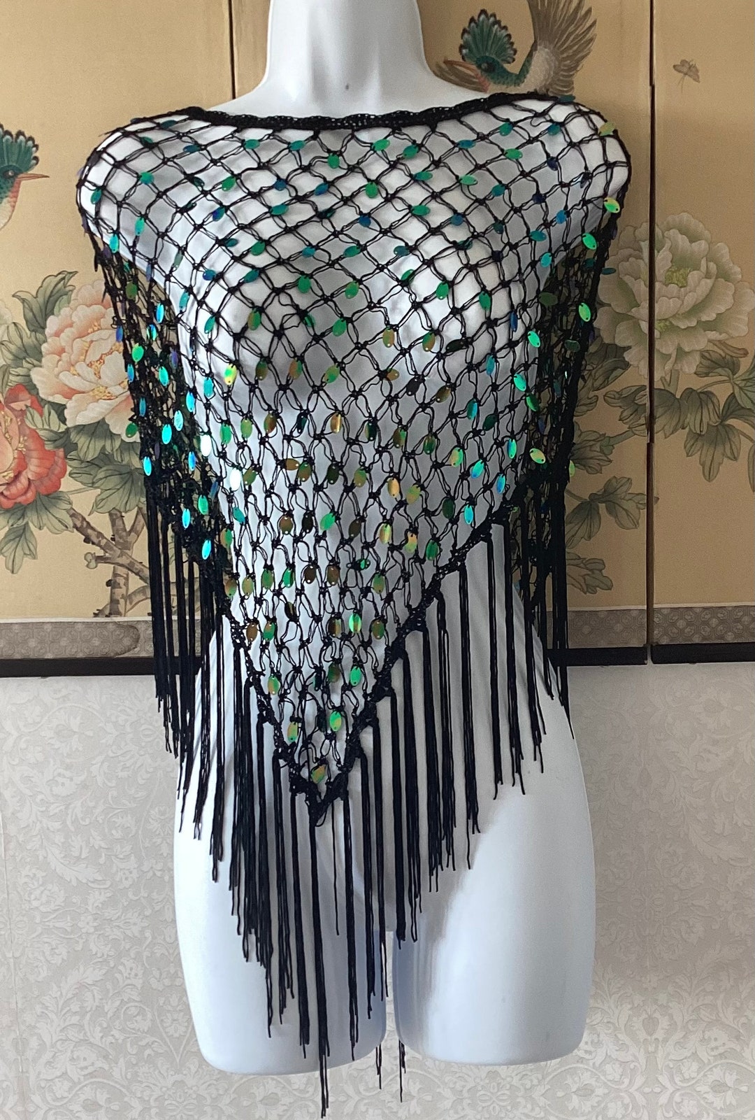 Silky Black Threaded Shiny Disc Poncho - Etsy