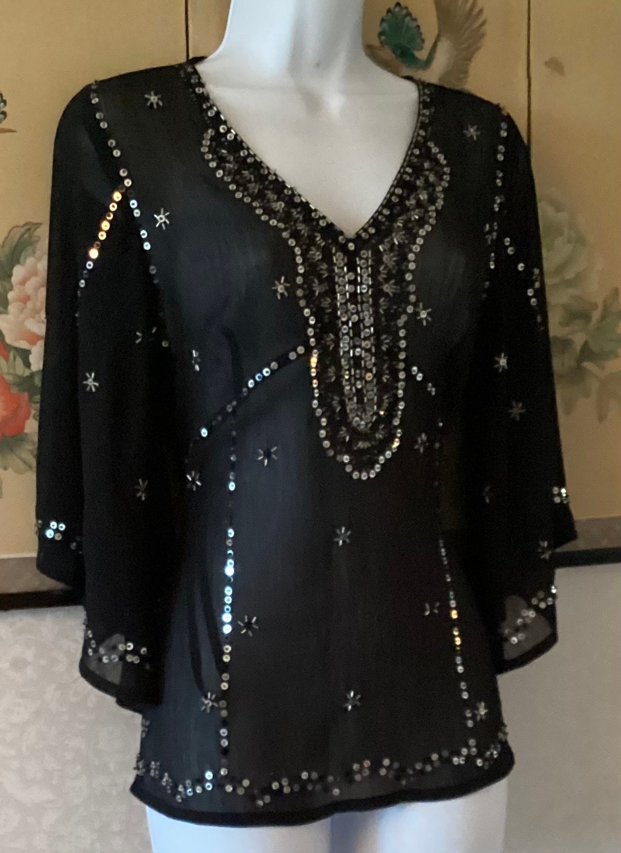 Silver Sequin Black Sheer Top - Etsy
