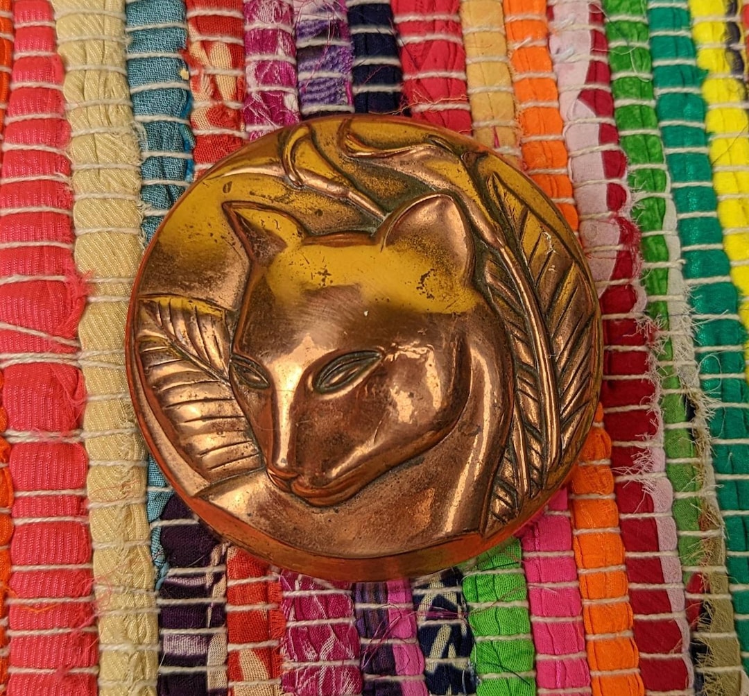 Vintage Copper Paperweight Embossed Cat Lioness and Calla Lily 3" Round ...