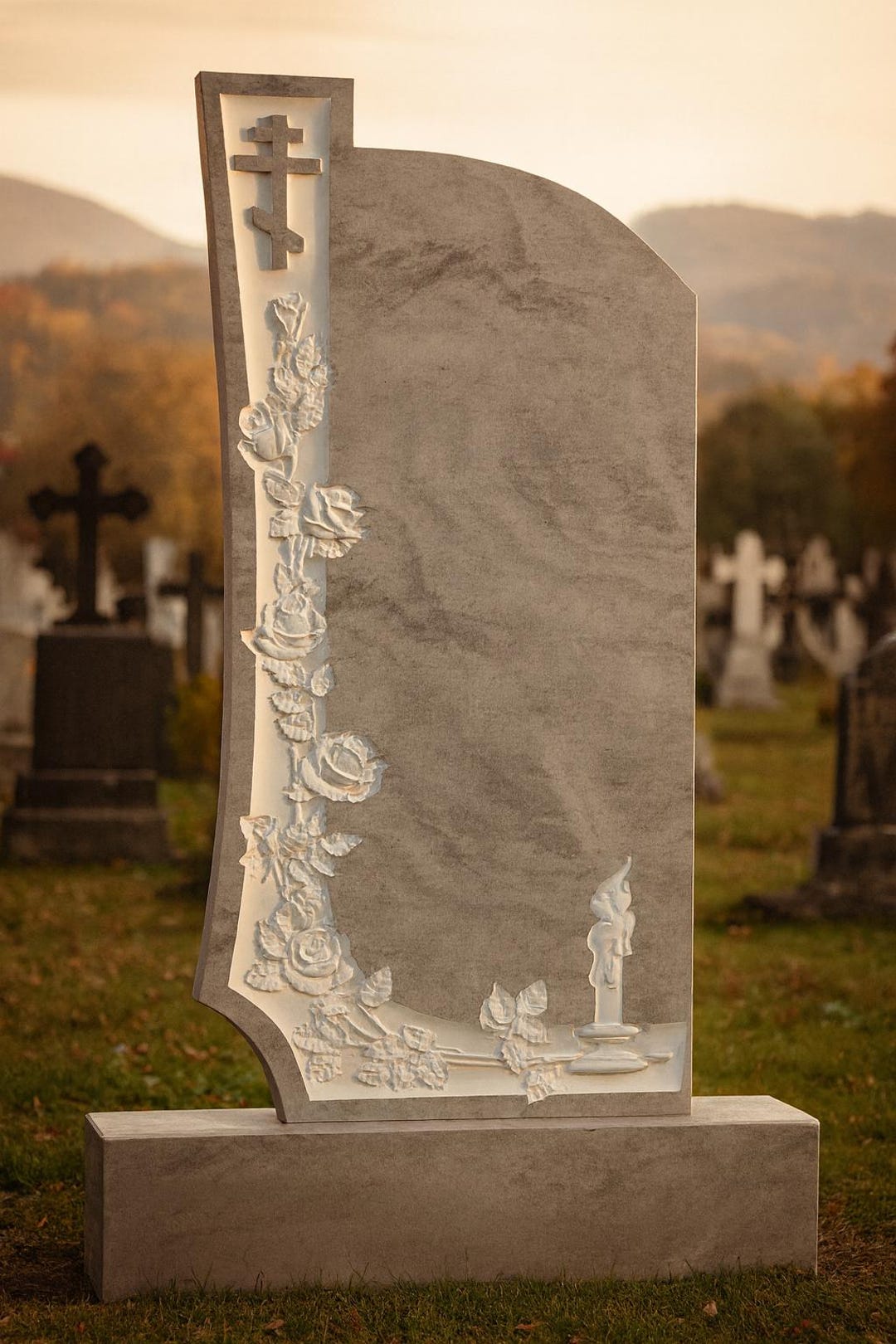 Orthodox Cross Headstone With Roses & Candle | Engraved Memorial ...