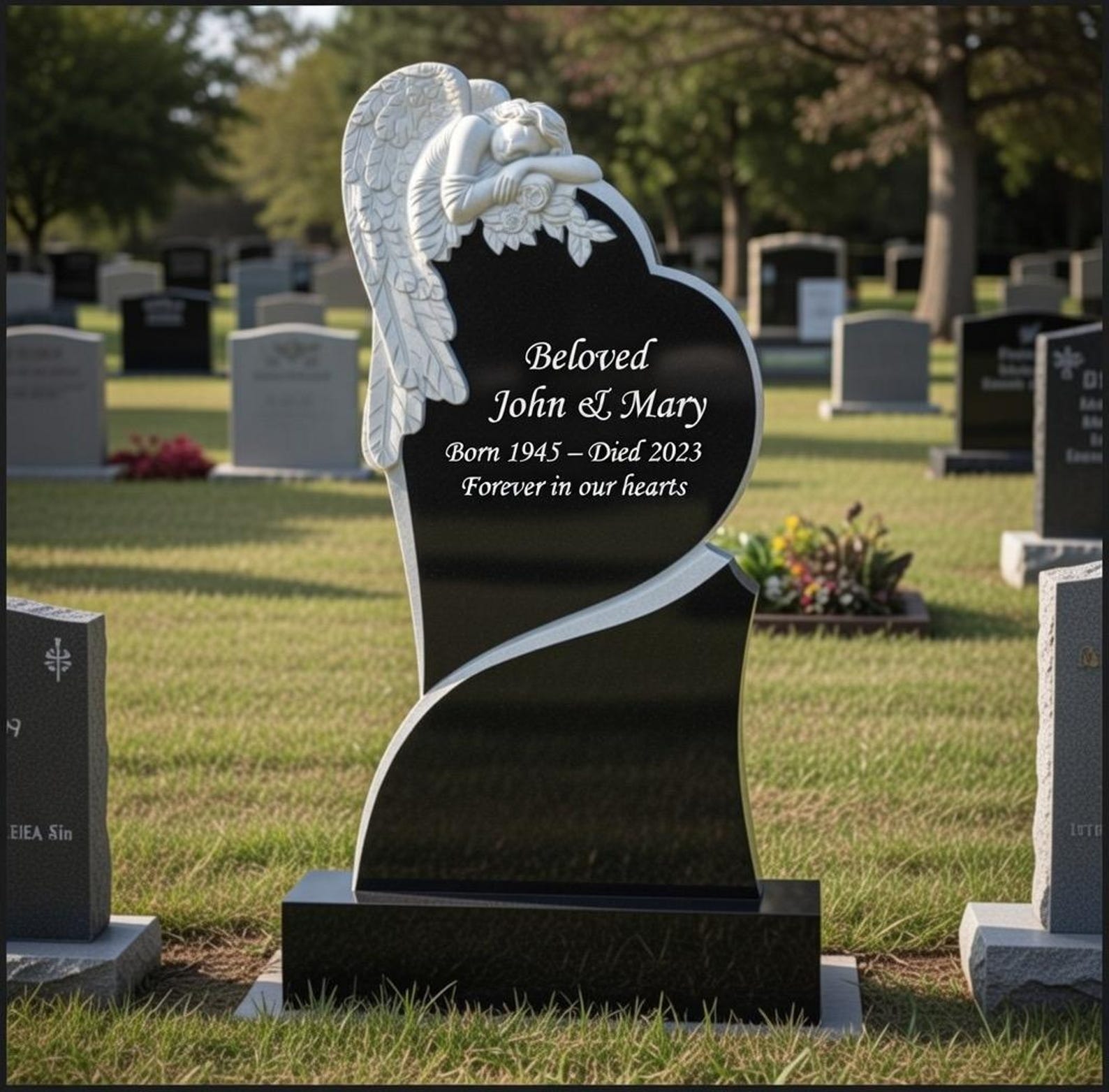 Custom Angel Heart Headstone - Weeping Angel Memorial Granite Grave ...