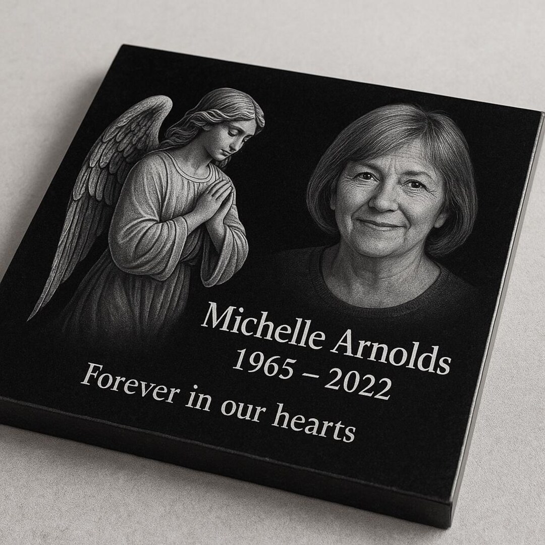 Custom Engraved Black Granite Memorial Stone With Angel: Personalized ...