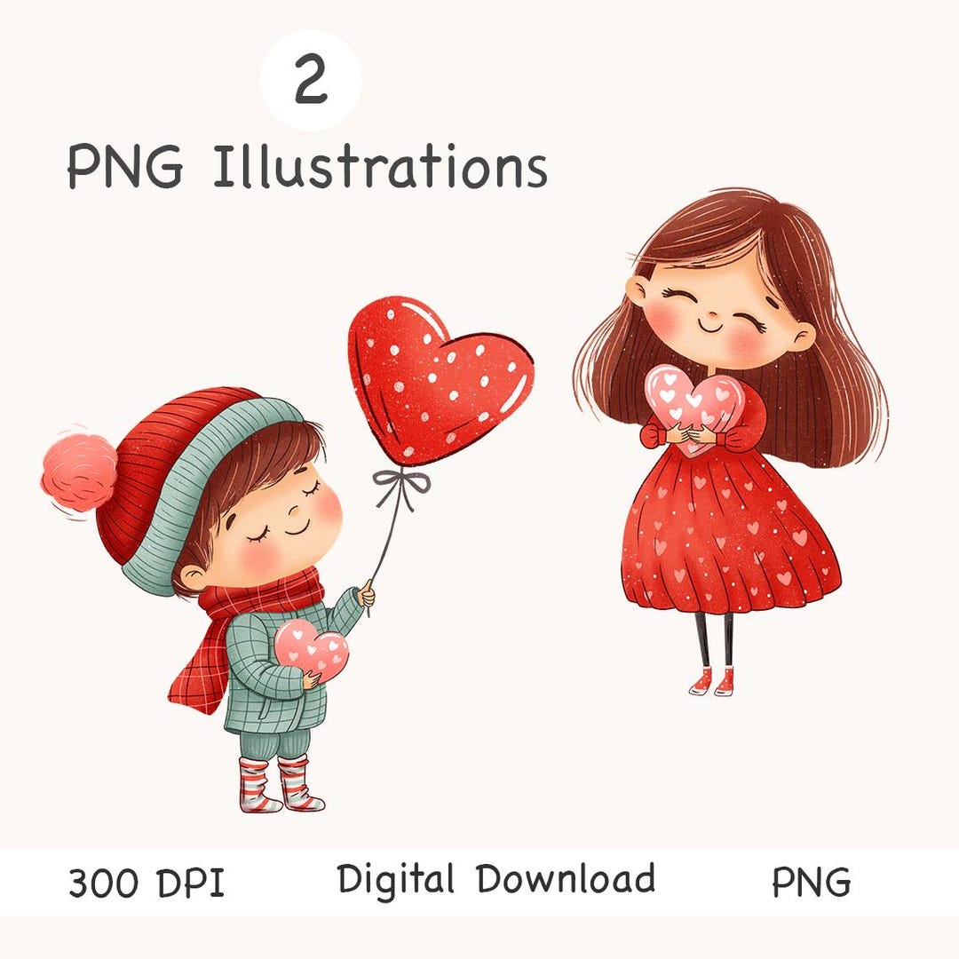 Valentine Kids Clipart PNG Bundle, Boy and Girl With Heart Balloon ...