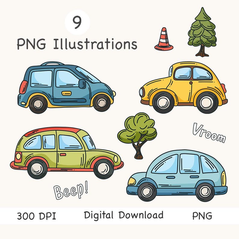 Cute Cars Clipart PNG Set, Kids Vehicle Illustrations, Boys Car PNG ...