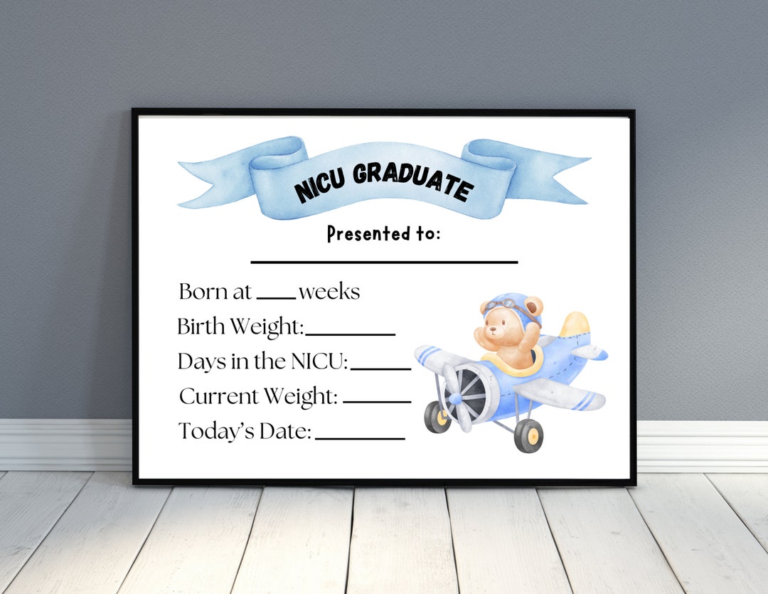 Blue NICU Graduation Certificate Bear Airplane Printable Gift for NICU ...