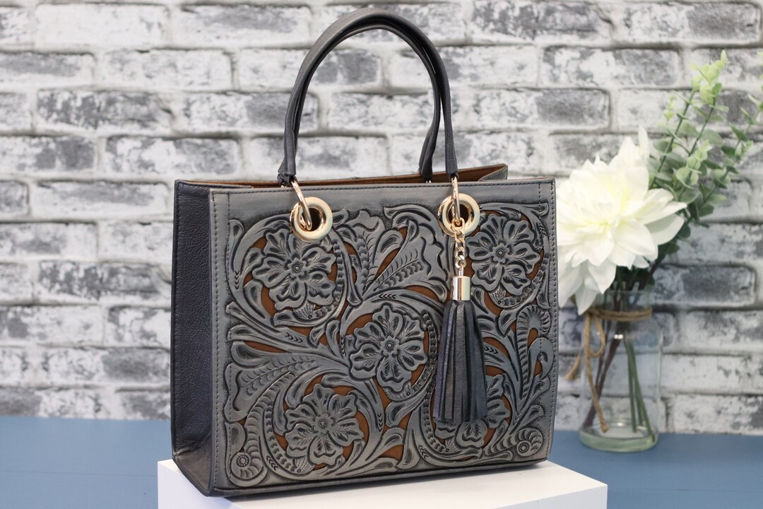 Hand Tooled Leather Tote Set, Purse and Shoulder Bag, Cowhide Handbag ...