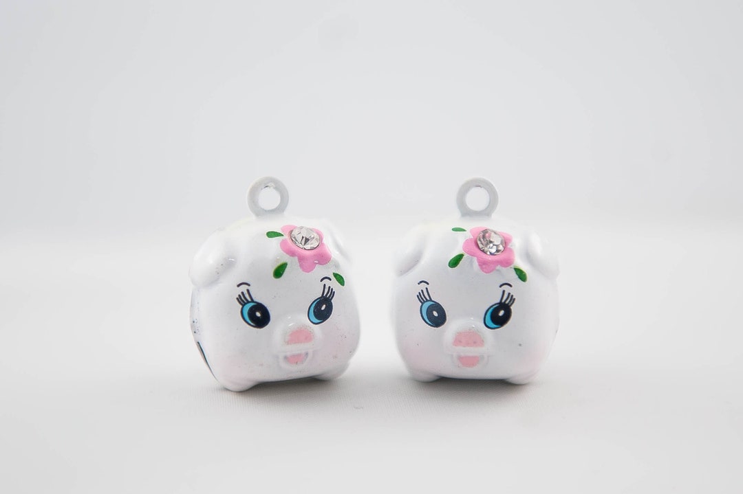 Pig Bell With Clapper, White Enameled Brass & Clear Rhinestone, 18x17mm ...