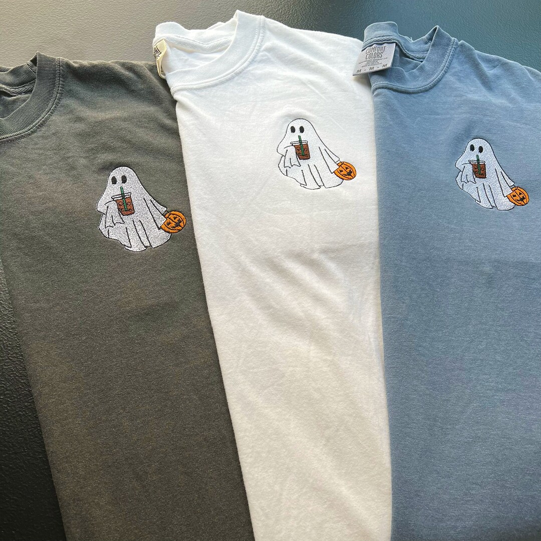 Embroidered Ghost Shirt, Embroidered Ghost With Iced Coffee, Comfort ...