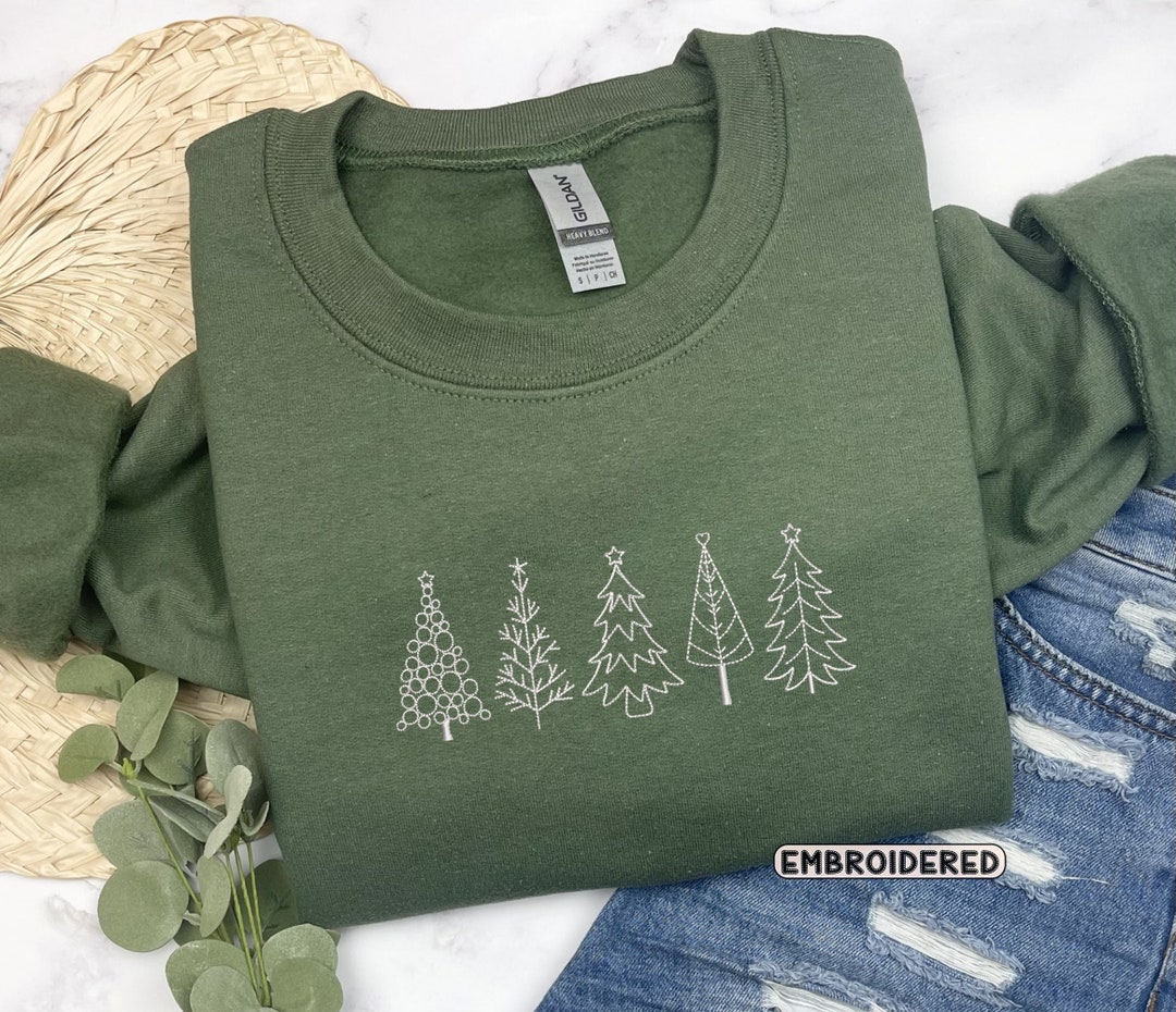 Embroidered Christmas Sweatshirt, Embroidered Pine Tree Sweatshirt ...