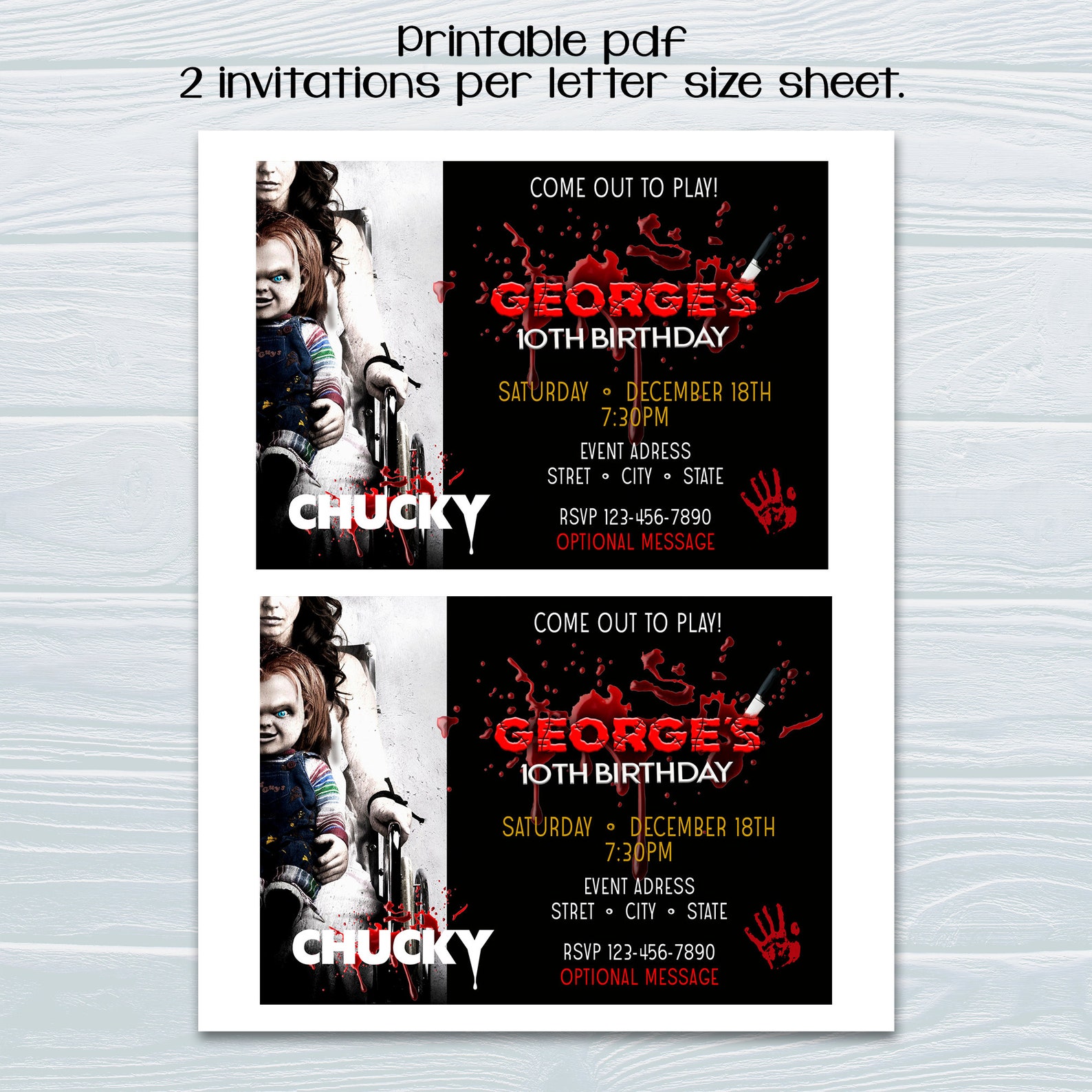 Chucky Kids Invitation Themed Invitation 7x5"or 6x4" / Personalized for ...