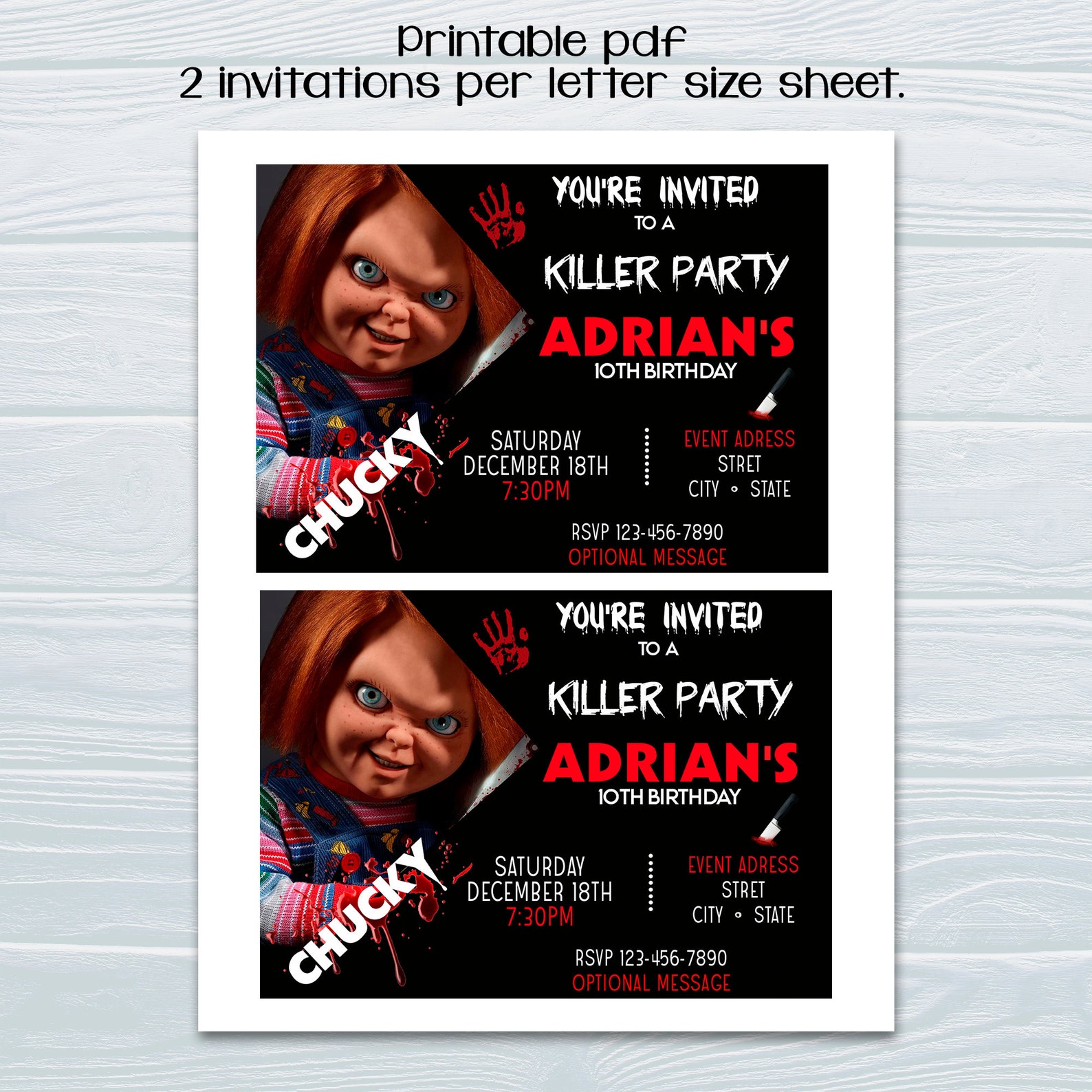 Chucky Kids Invitation Themed Invitation 7x5"or 6x4" / Personalized for ...