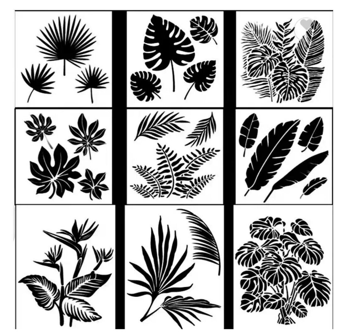 Tropical Flower Stencils Set of 9 Monstera, Strelizia, Palm Leaves and ...