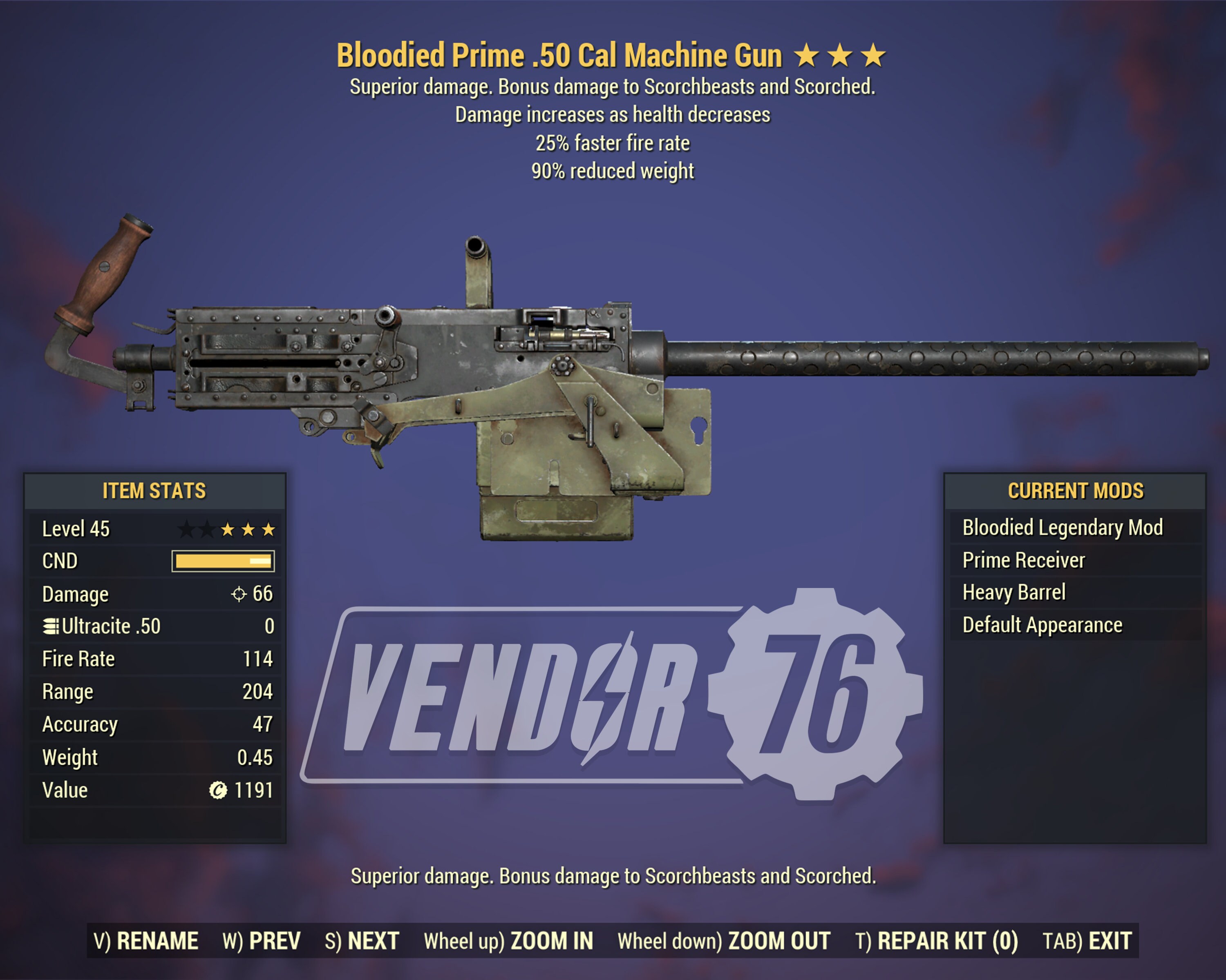 Fallout 76 PC B2590 Bloodied Prime .50 Cal Machine Gun - Etsy