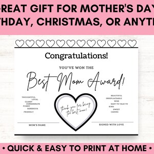 Best Mom Award Certificate, Great Last Minute Gift, Mother's Day and ...