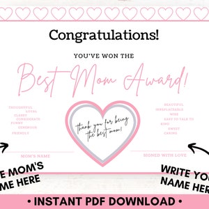 Best Mom Award Certificate, Great Last Minute Gift, Mother's Day and ...