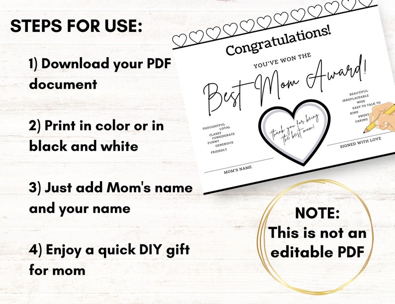 Best Mom Award Certificate, Great Last Minute Gift, Mother's Day and ...