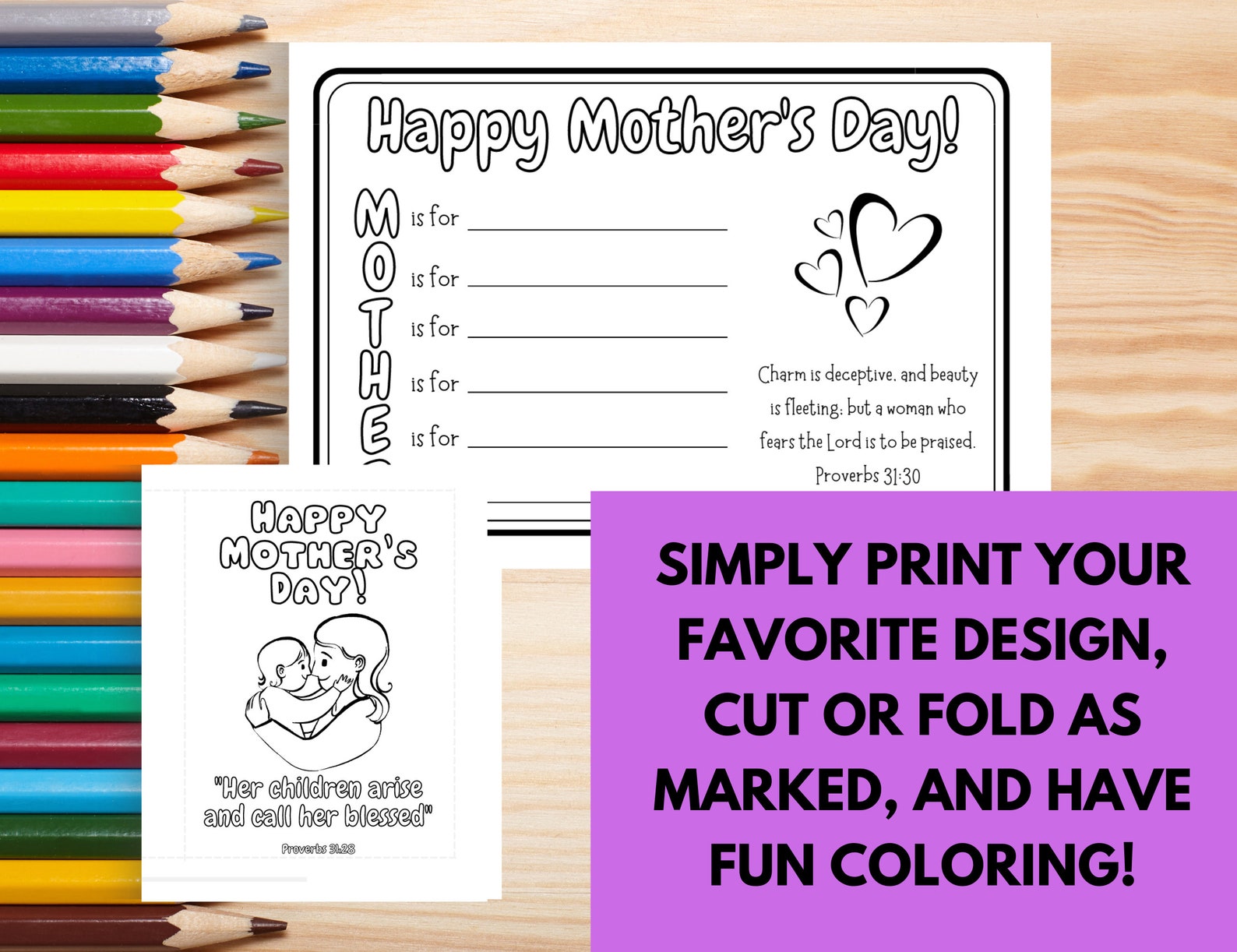 Christian Printable Mother's Day Cards to Color PDF, Coloring Cards for ...
