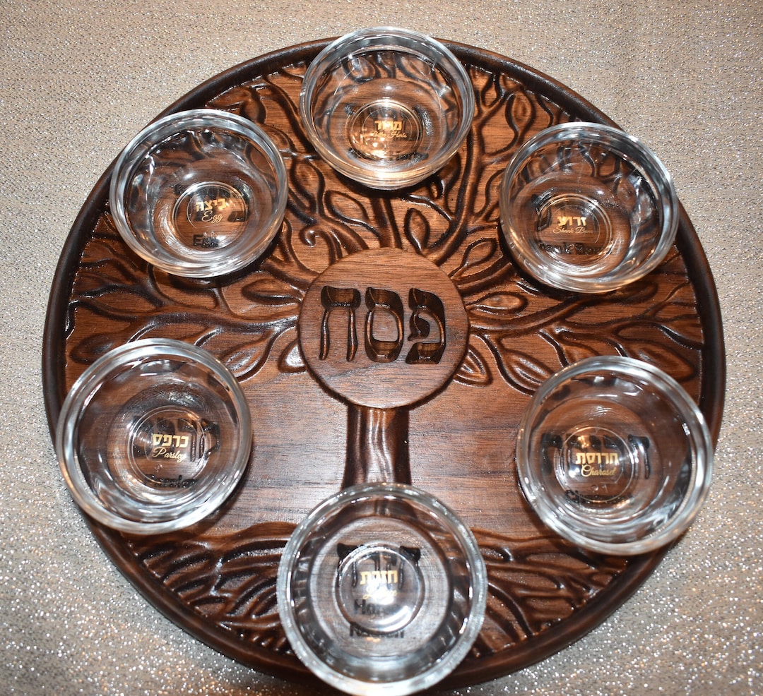 Walnut Seder Plate: Tree of Life, Gold-leaf Pesach, Glass Bowls - Etsy