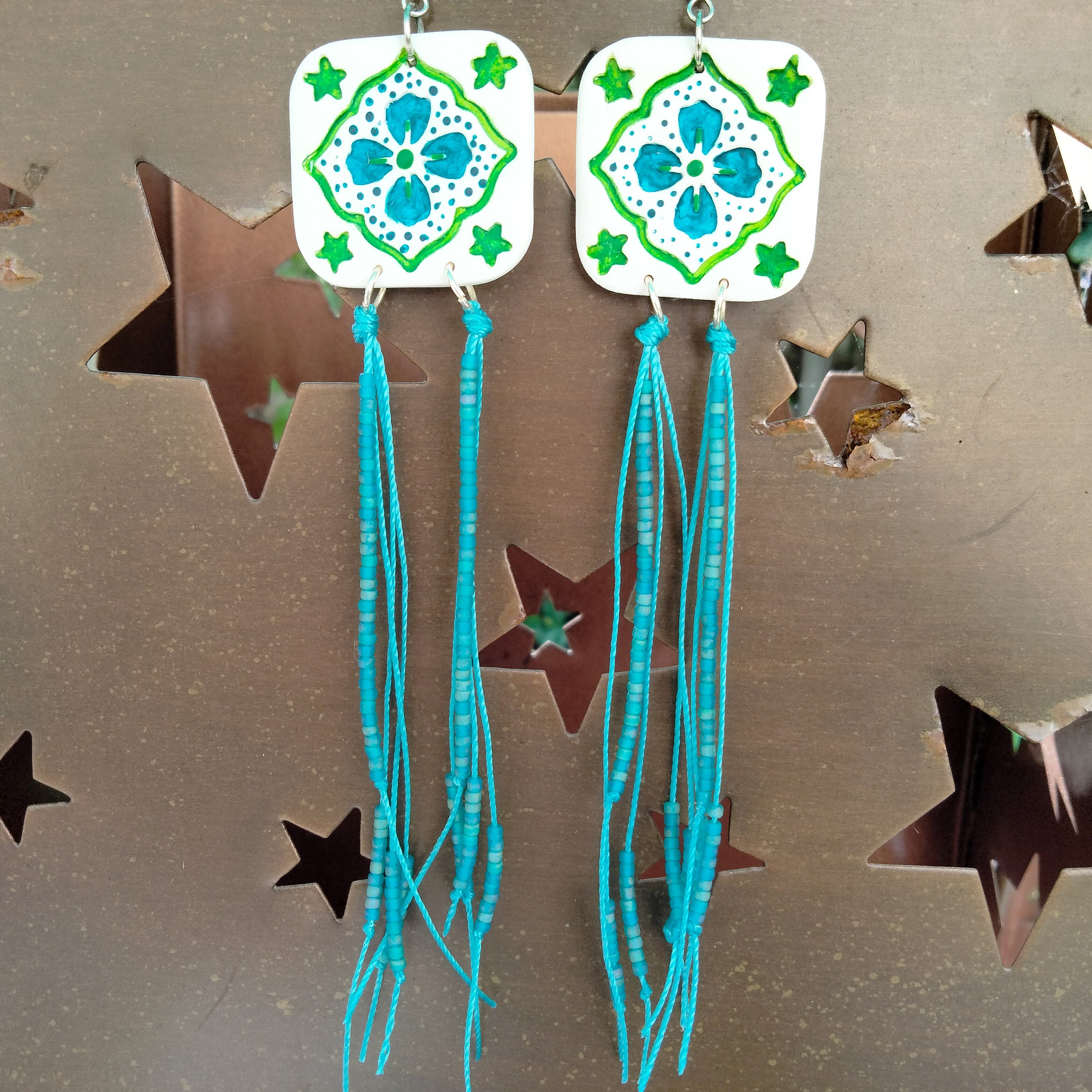 Talavera Tile Inspired Dangle Earrings, Lightweight Jewelry, Statement ...