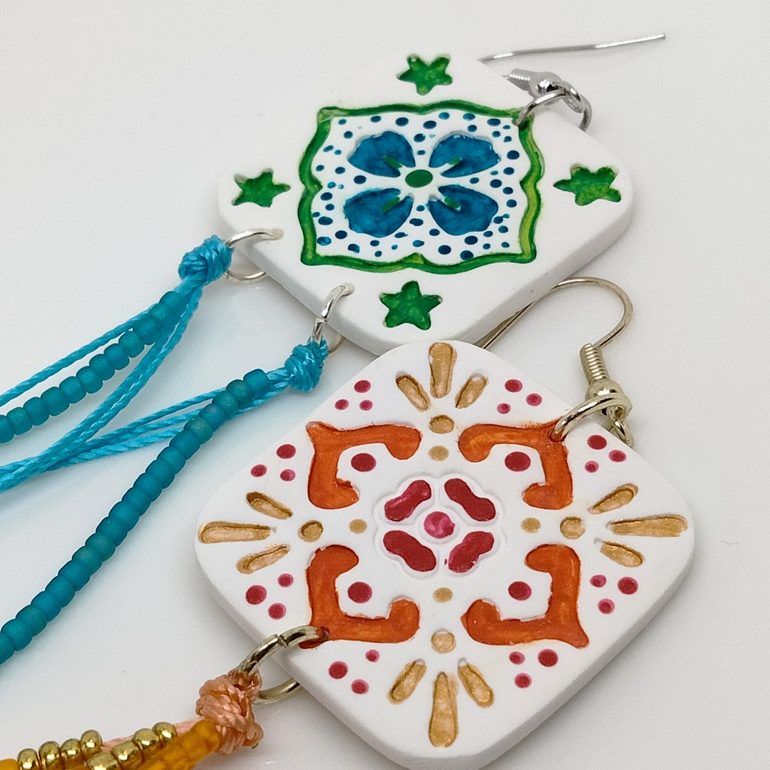 Talavera Tile Inspired Dangle Earrings, Lightweight Jewelry, Statement ...
