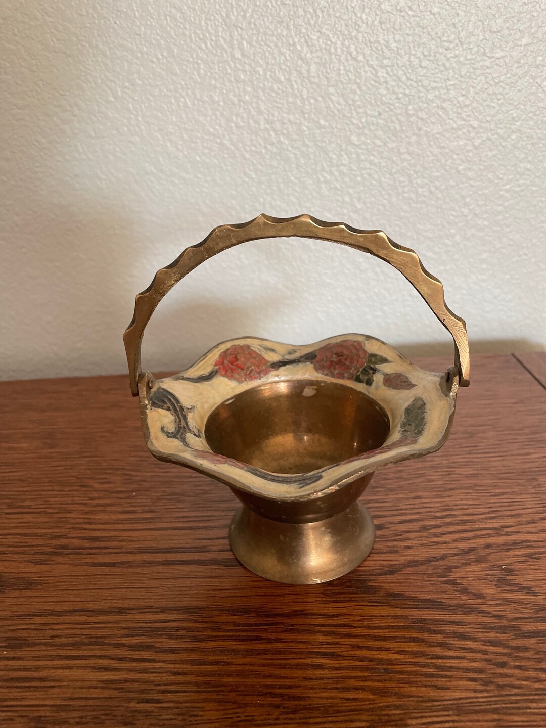 Small, Brass Basket With Multicolor Inlaid Edge, Brass Trinket Dish ...