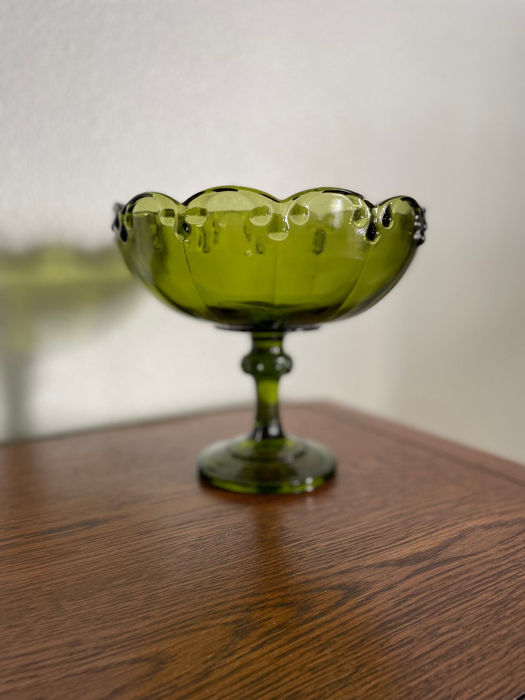 Vintage Indiana Glass Compote Avocado Green Pedestal Teardrop Fruit ...