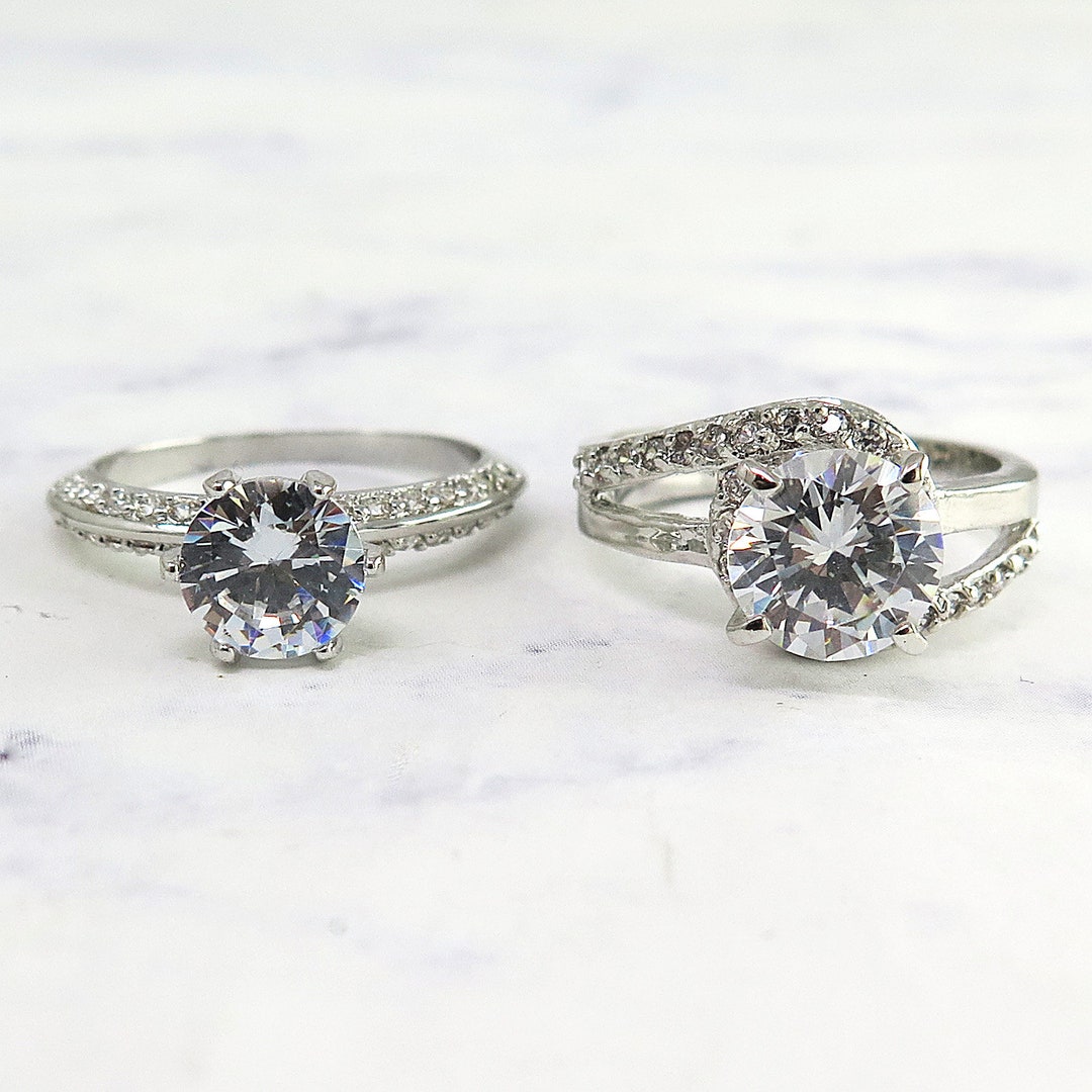 18k White Gold Diamond Simulant Engagement Ring - Etsy